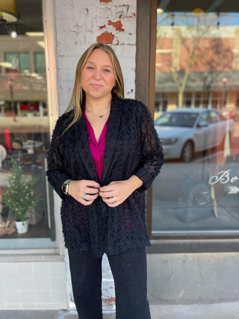 Sheer Fringe Pattern 3/4 Slv Collared Button Front Blazer Jacket M3450 ...